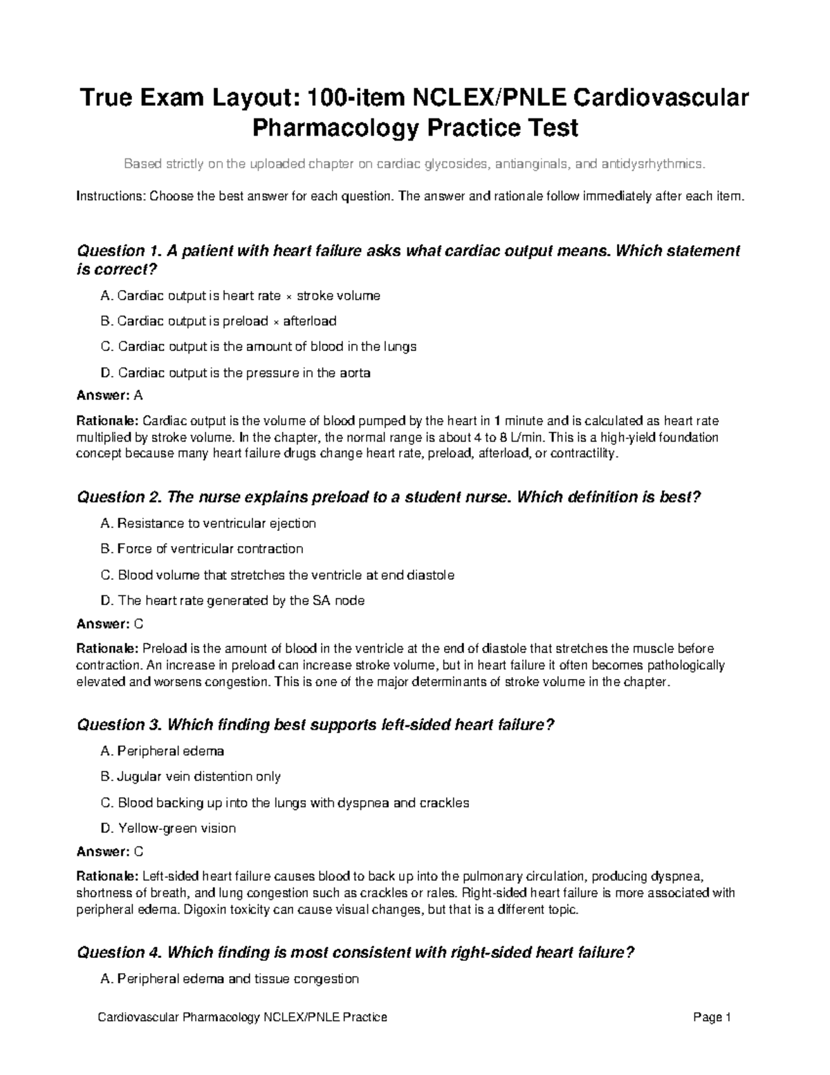 Cardiovascular Pharmacology Practice Test: Cardiac Glycosides ...