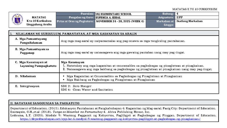 DLL Matatag EPP 4 Q3 W4: Lingguhang Aralin sa Paghuhugas ng Pinggan ...