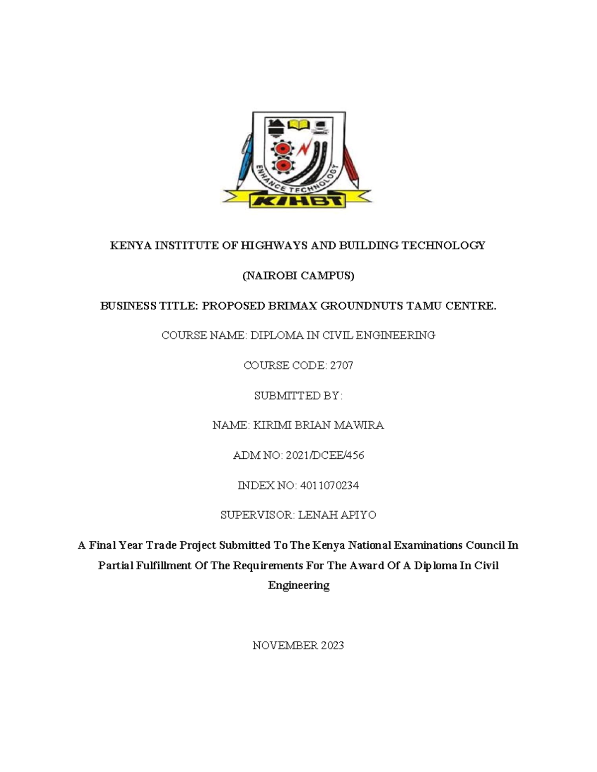 Diploma in Civil Engineering (2707): Business Plan for Brimax ...