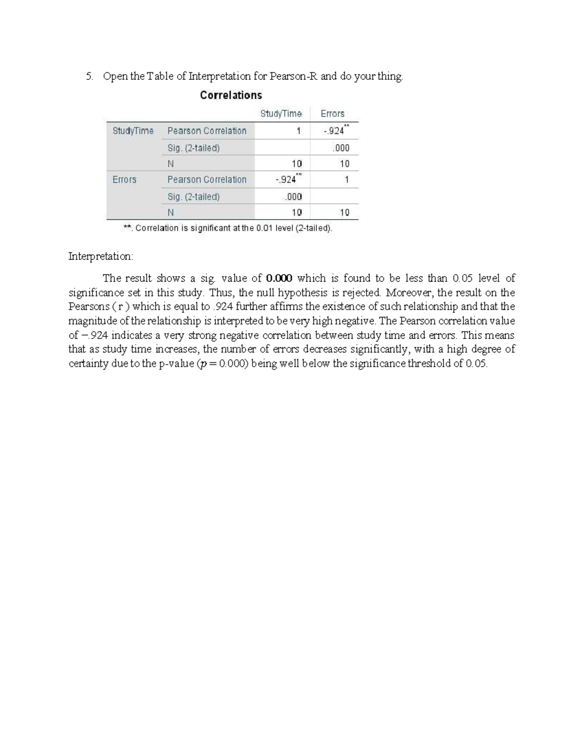 Data Analysis: Pearson R Interpretation and Results (Course Code ...