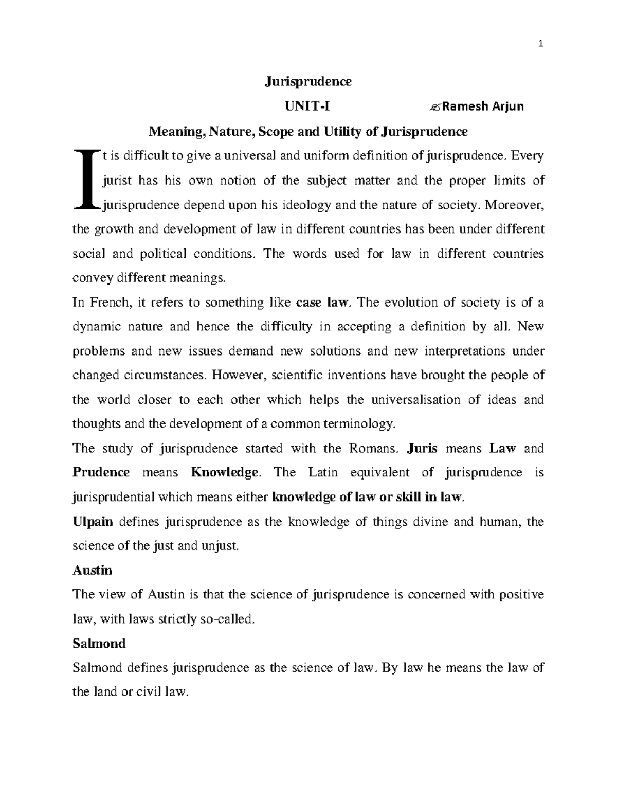 Unit I - Jurisprudence: Meaning, Nature, Scope & Utility - Studocu