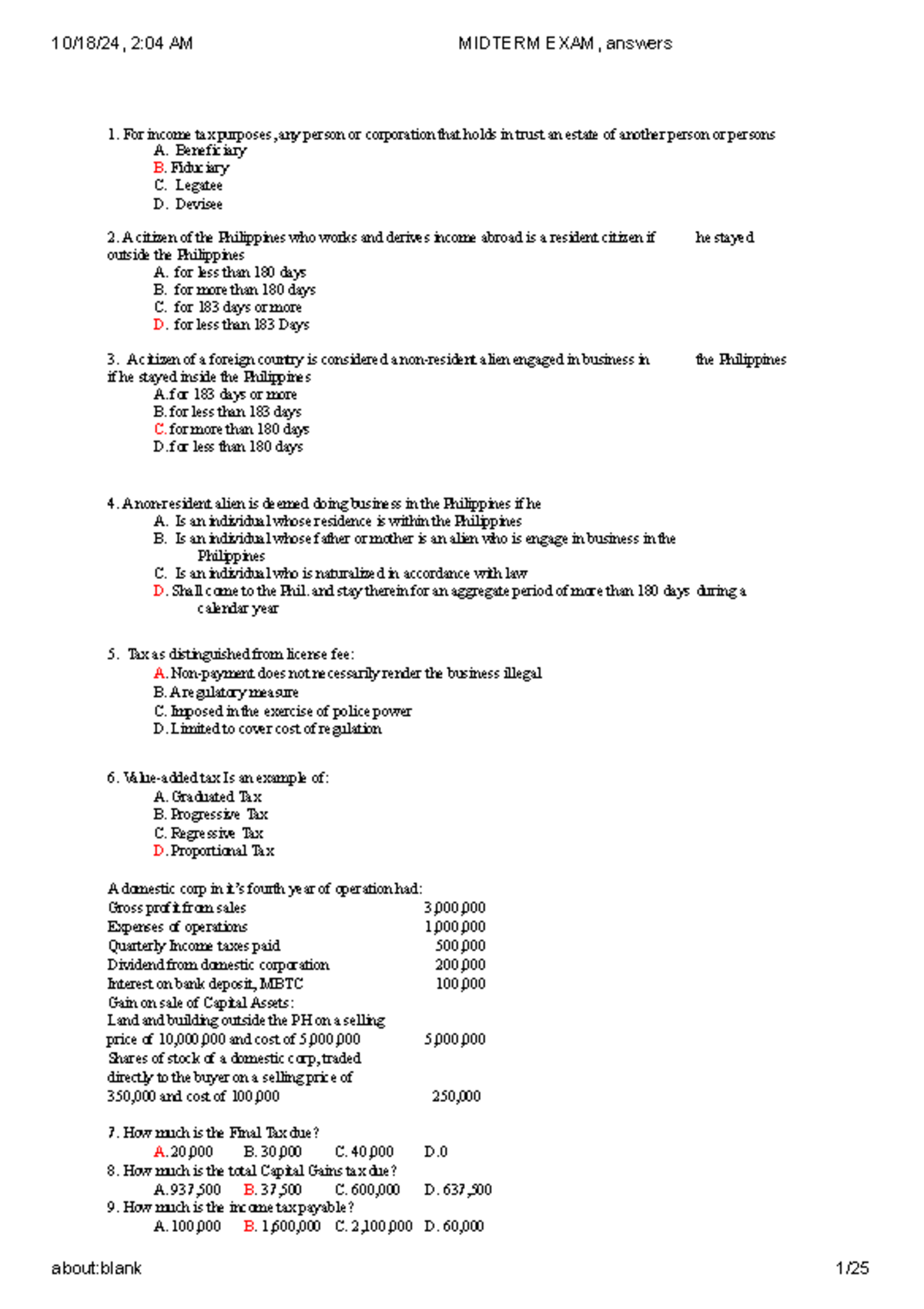 Midterm Exam Answers - Income Taxation (Course Code: ACC 101) - Studocu