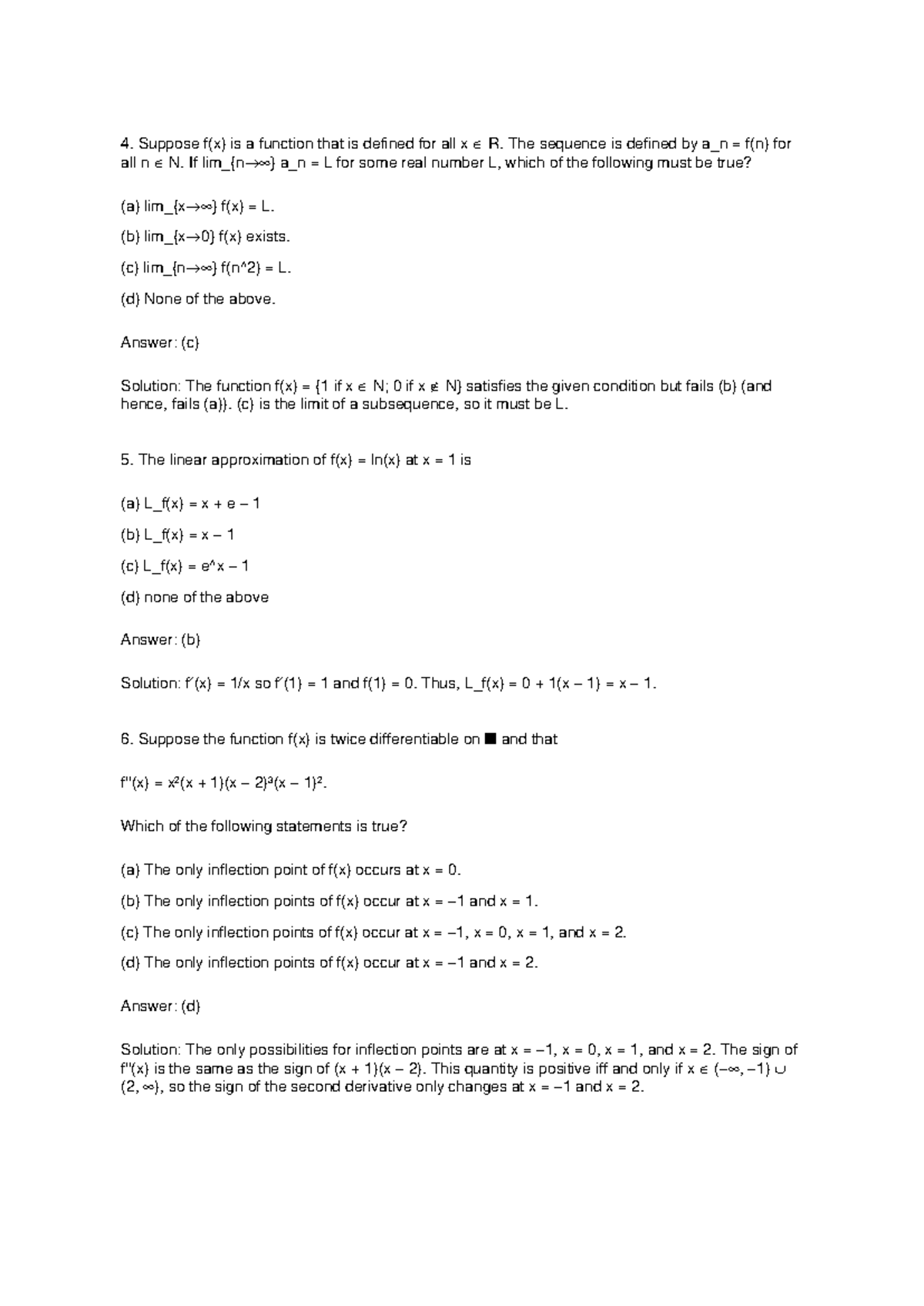 CS 101: Important Questions on Function Limits and Inflection Points ...