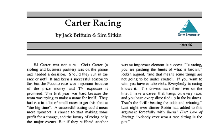 Carter Racing Decision Dilemma: A Case Study (5050) - Studocu