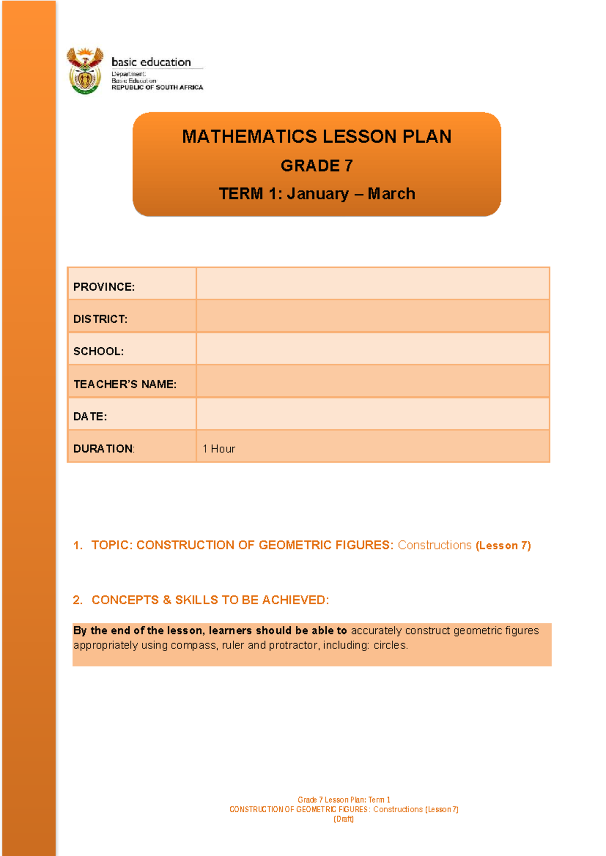 MATHEMATICS GRADE 7 TERM 1 LESSON PLAN: GEOMETRIC CONSTRUCTIONS - Studocu