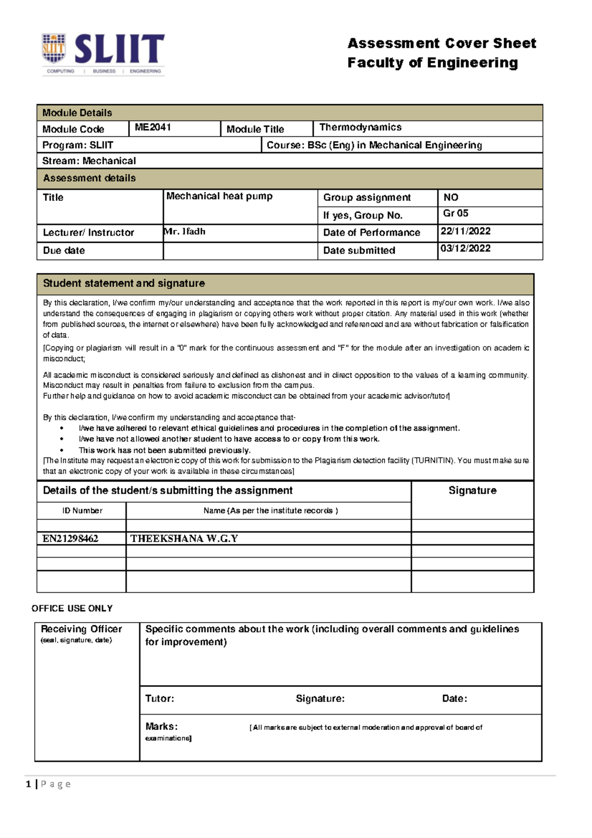 ME2041 Mechanical Heat Pump Lab Report - Thermodynamics Principles ...