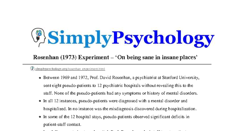 Unit 7 Day 2 Activity: Analyzing Rosenhan's 1973 Experiment - Studocu