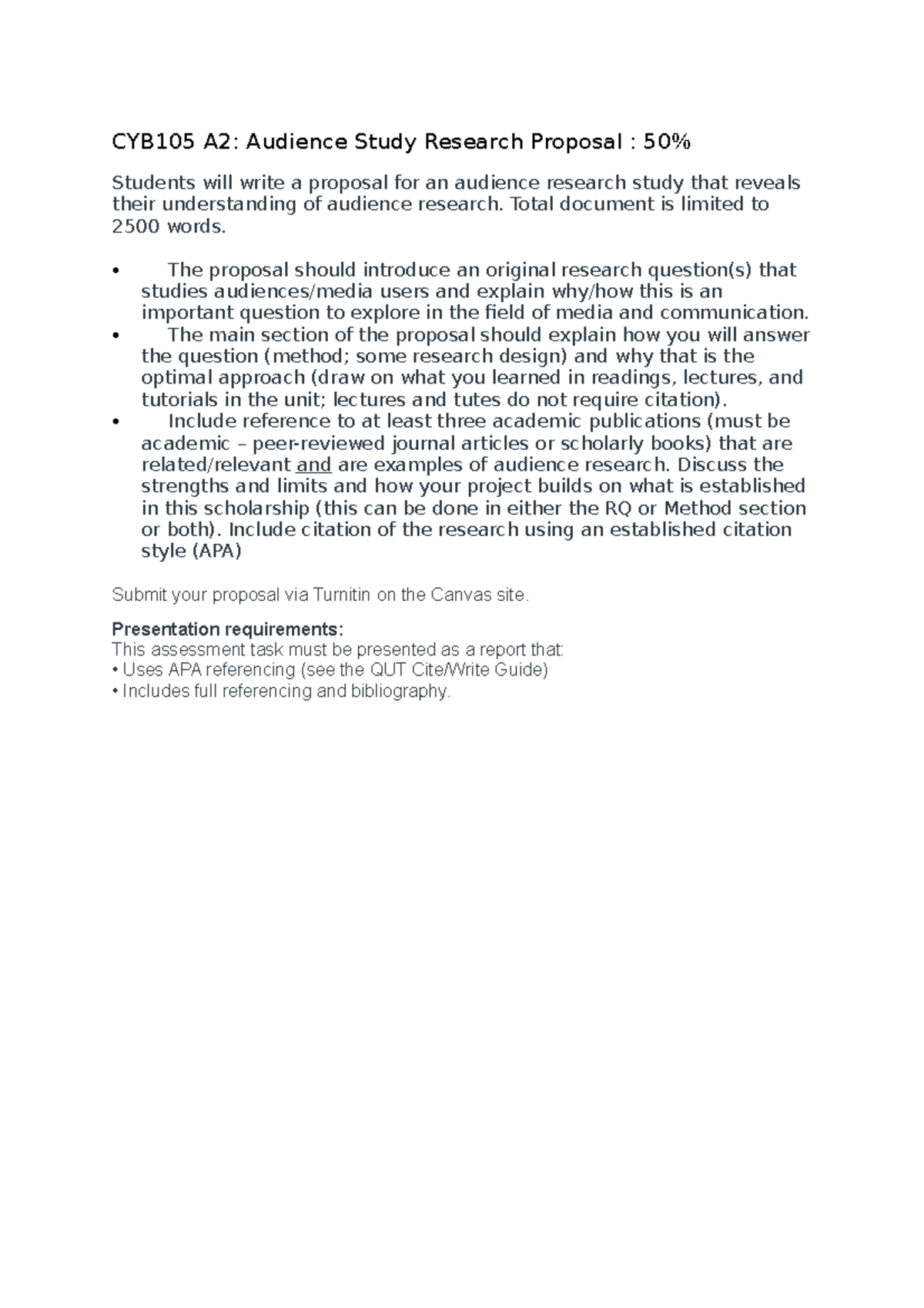 CYB105 A2 - Audience Research Proposal Guidelines and Rubric - Studocu
