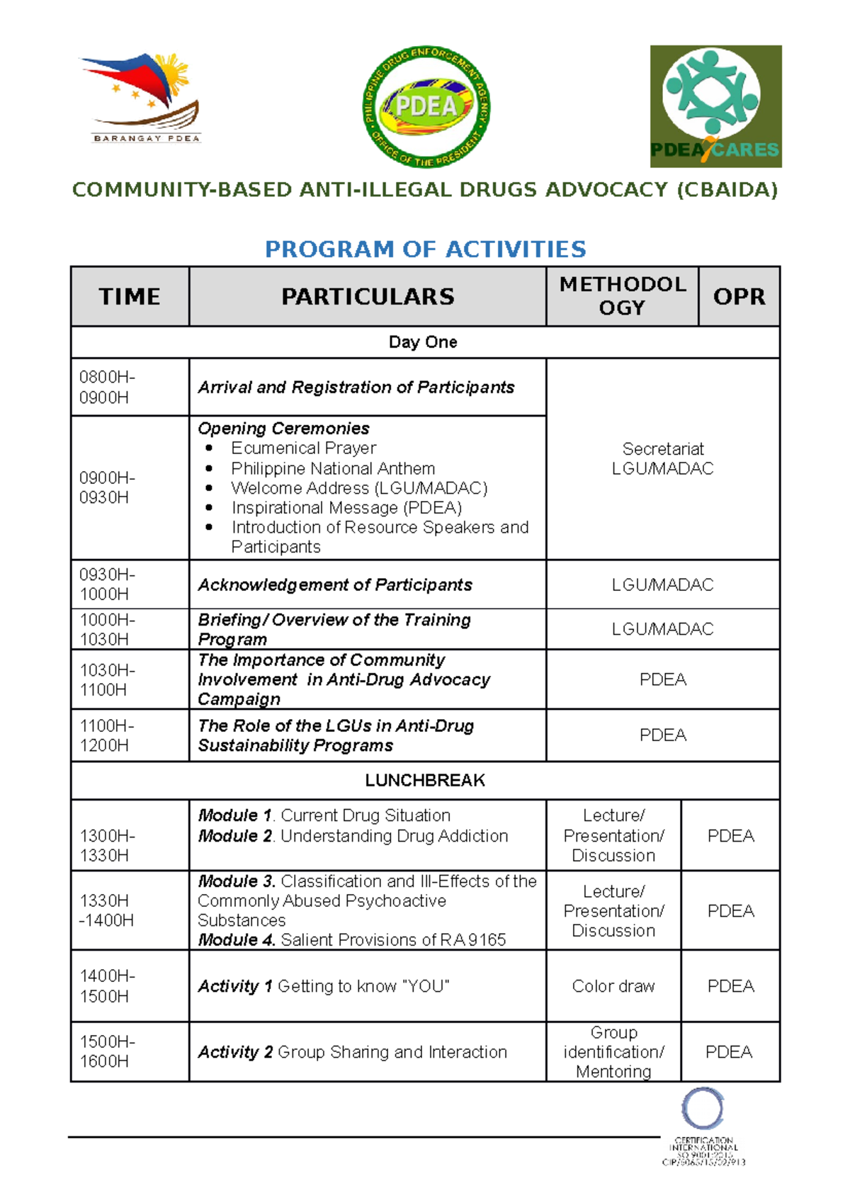 CBAIDA Community Anti-Drug Advocacy Program of Activities 2022 - Studocu