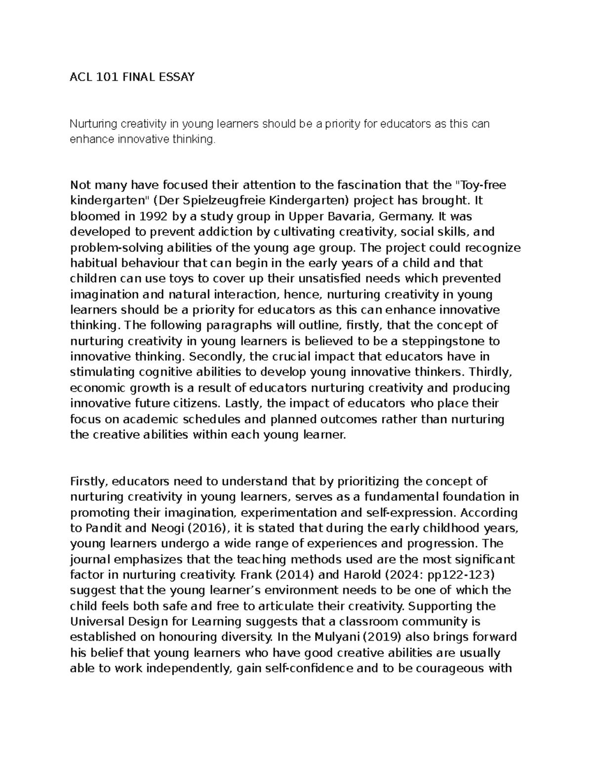 ACL 101 FINAL ESSAY: Nurturing Creativity in Young Learners - Studocu
