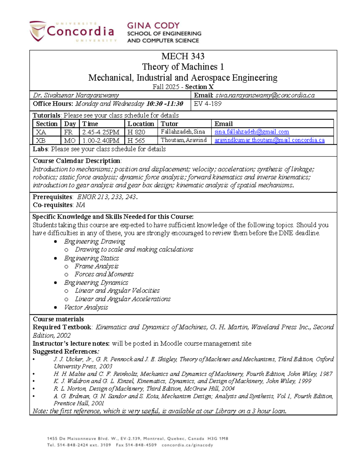 MECH 343 Theory of Machines 1 Course Outline Fall 2025 - Studocu