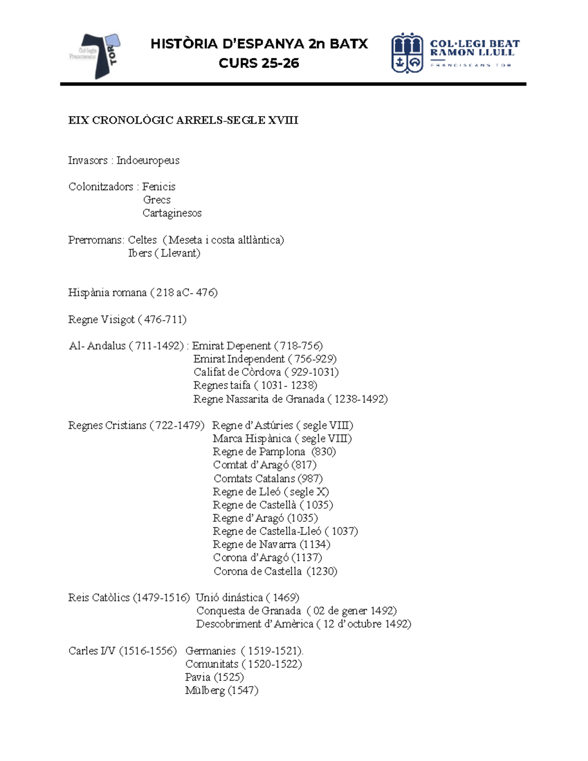 HISTÒRIA 2n BATX CURS EIX CRONOLÒGIC: Cronologia Arrels - XVIII - Studocu