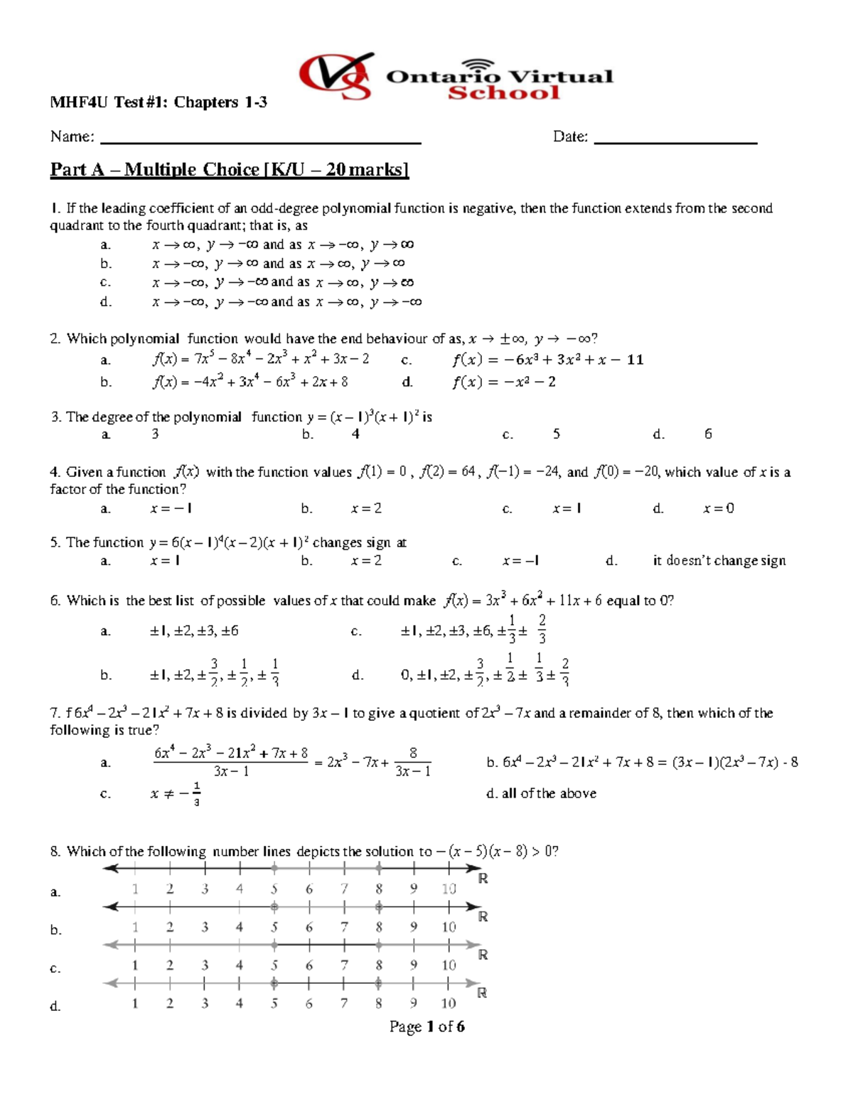MHF4U - advaned du - MHF4U Test #1: Chapters 1 - 3 Name: Part A ...