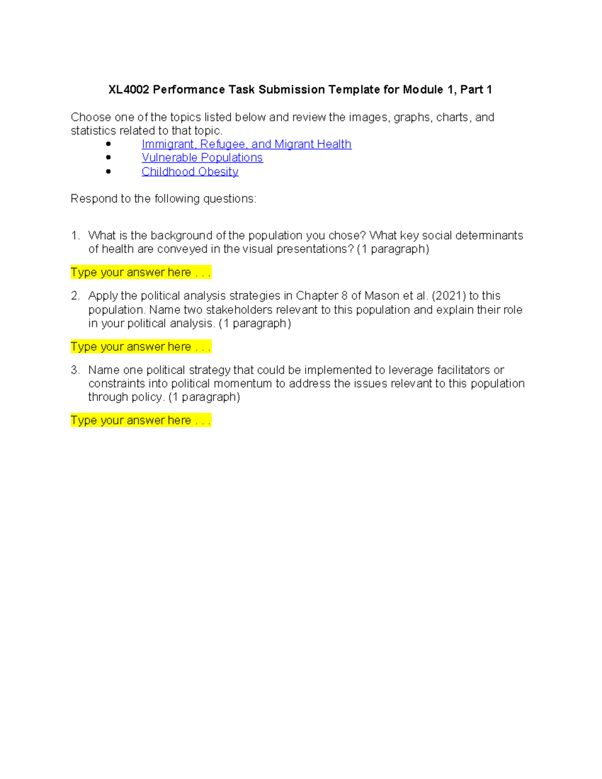 XL4002 Performance Task Template: Module 1 Analysis on Health Issues ...