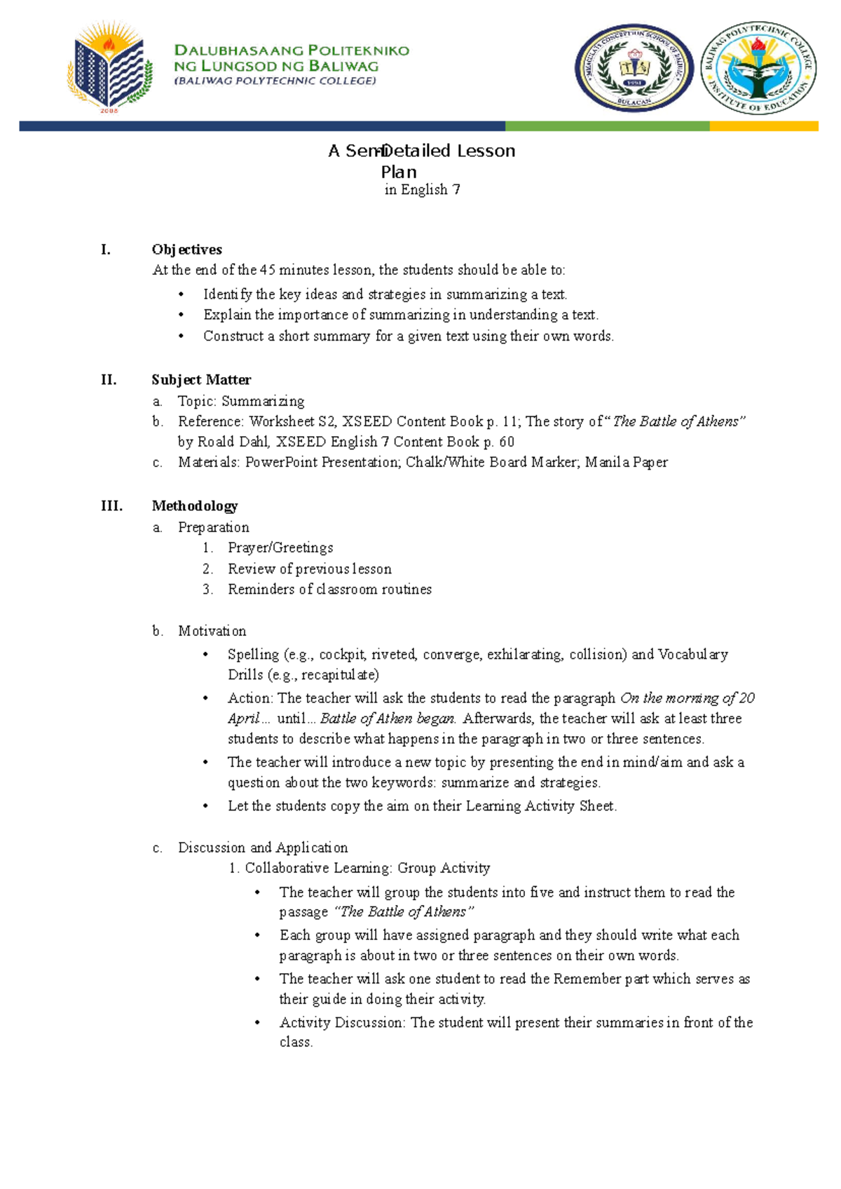 LP2 - Semi Lesson Plan on Summarizing for English 7 - Studocu