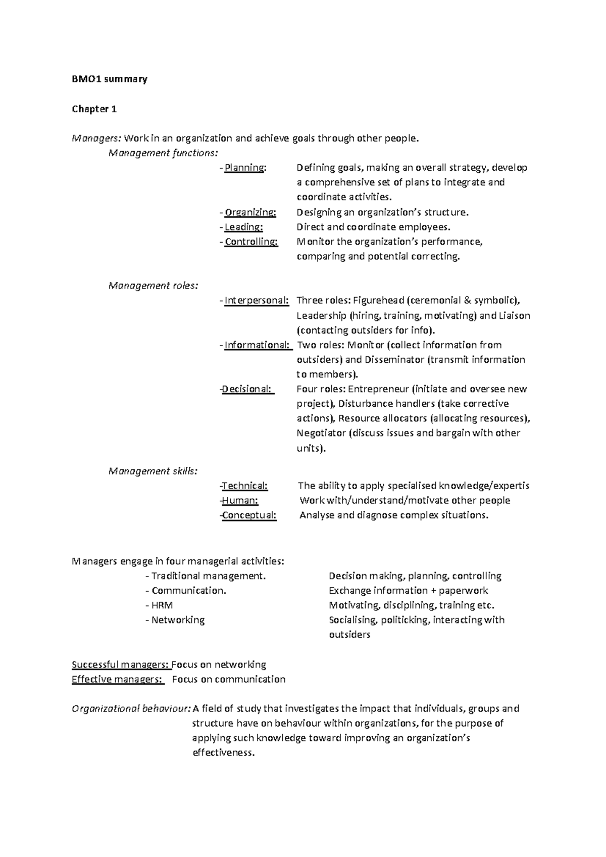 BMO1 Final Exam Notes: Key Concepts in Organizational Behaviour ...