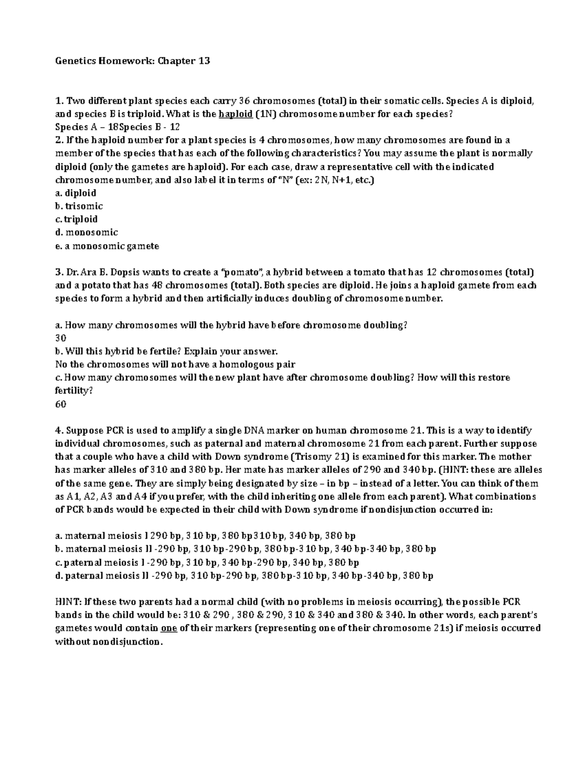 Genetics HW for Chapter 13 Summer 2020 - Genetics Homework: Chapter 13 ...