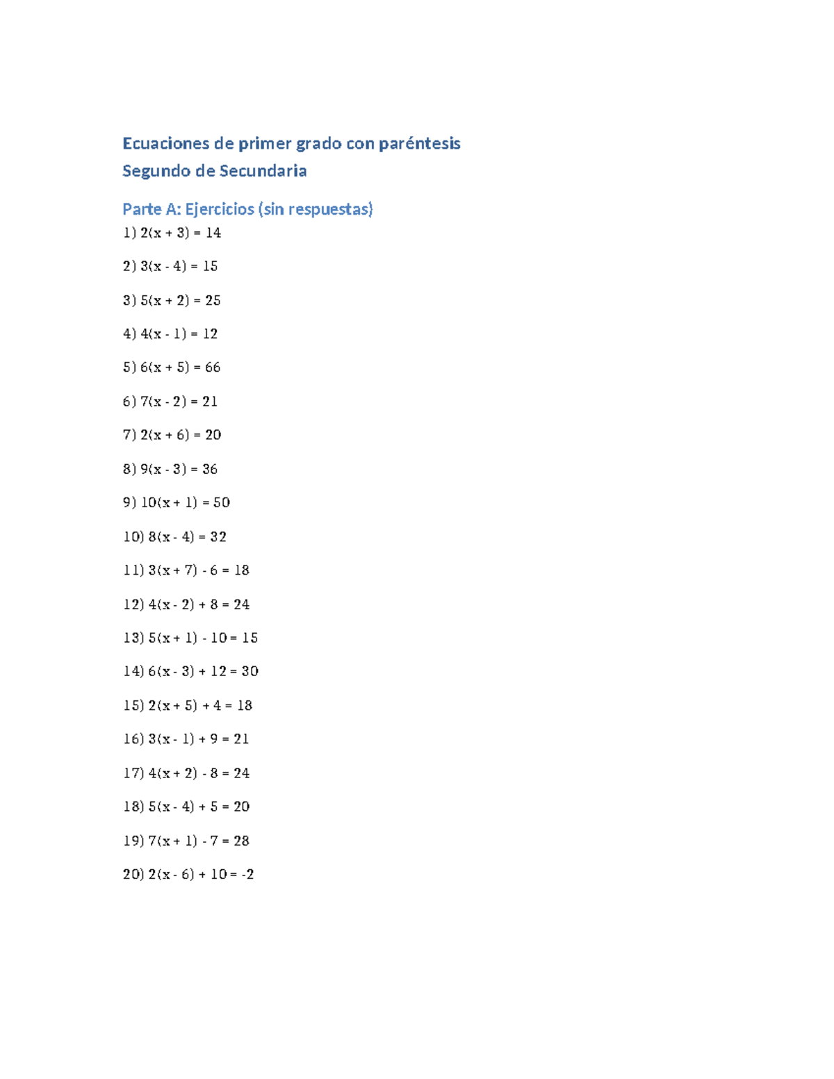 Ejercicios de Ecuaciones de 1er Grado con Paréntesis - 2º Sec. - Studocu