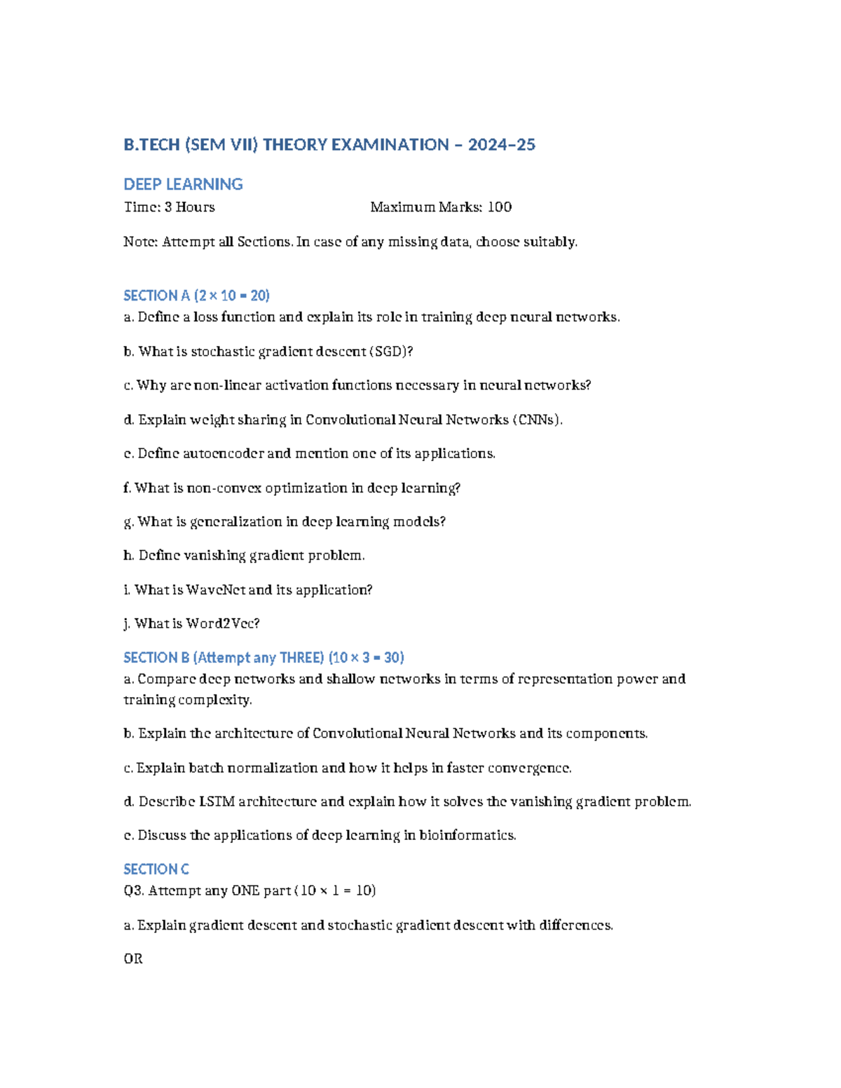 B.TECH (SEM VII) DEEP LEARNING THEORY EXAM PREDICTED QP - Studocu