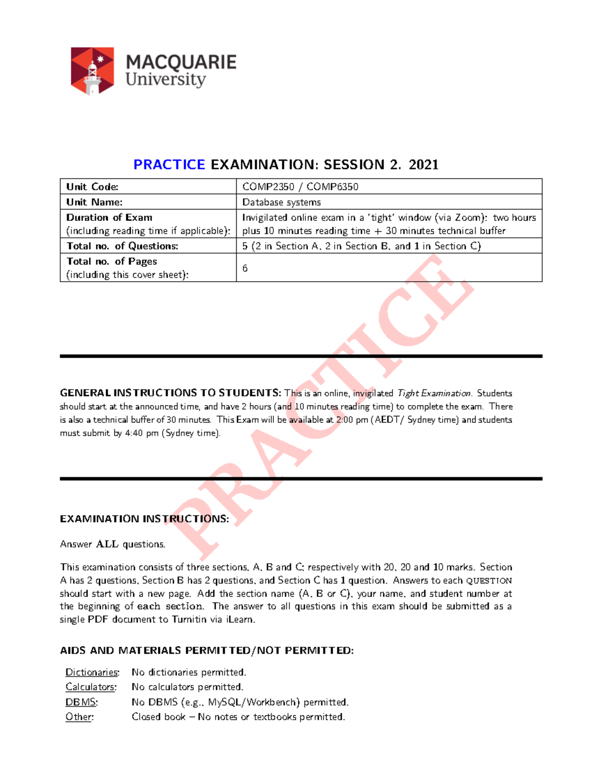 Comp2350 Practice Exam 2021 - ISYS224 - Studocu