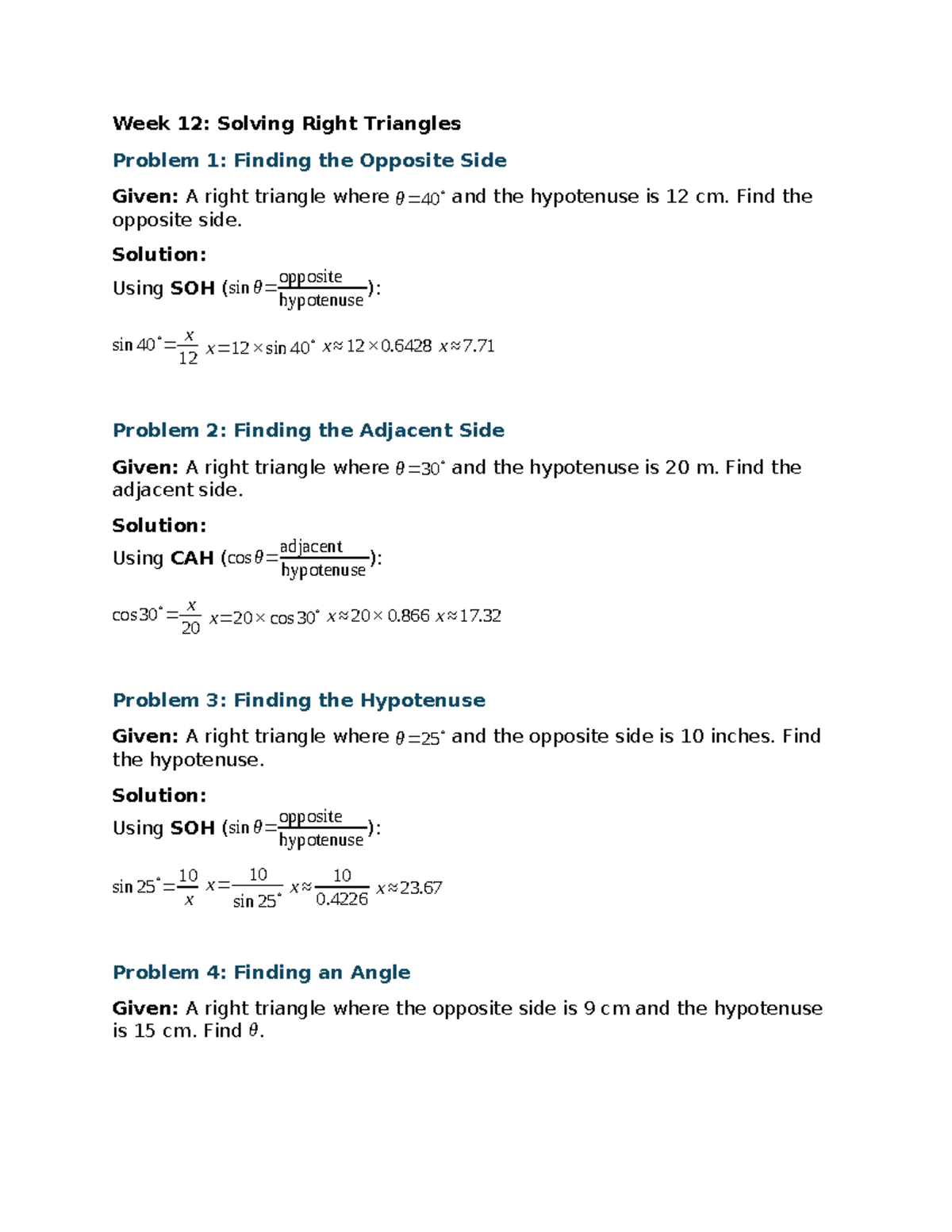 WEEK 12: Solving Right Triangles & Using Trigonometric Ratios - Studocu