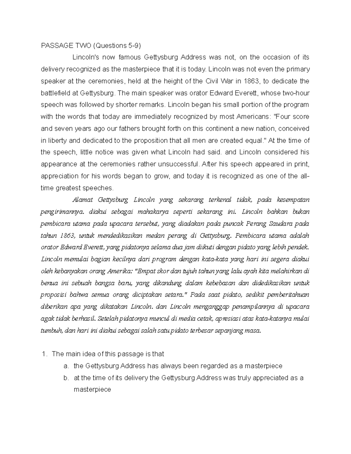Passage TWO Analysis: Gettysburg Address (Q5-9) - Studocu