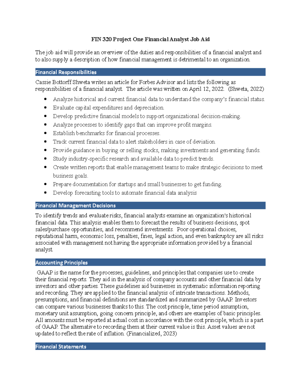 FIN 320 Project One: Financial Analyst Job Aid Overview - Studocu