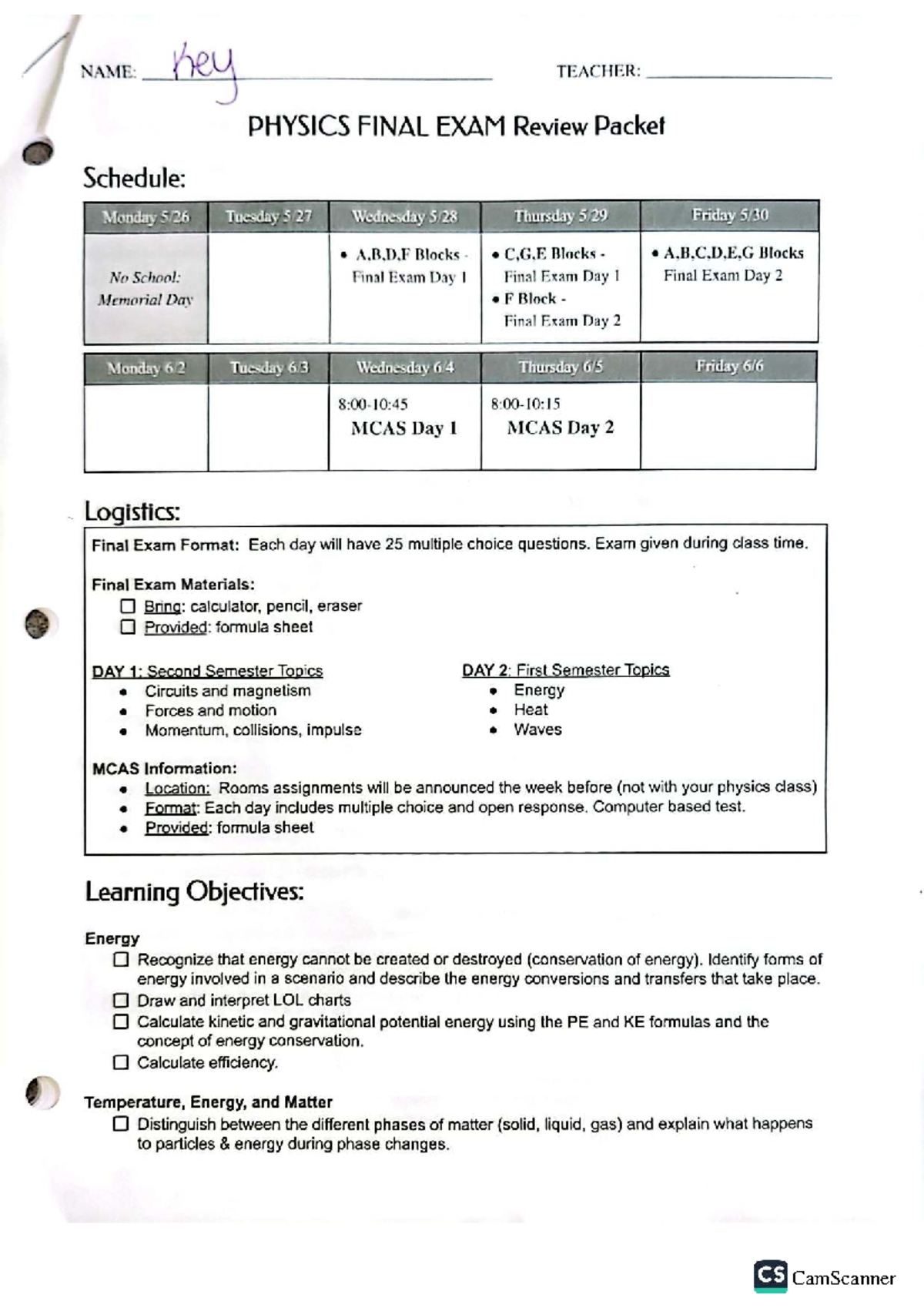 PHYSICS CS Final Exam Review Packet: Key Concepts and Logistics - Studocu