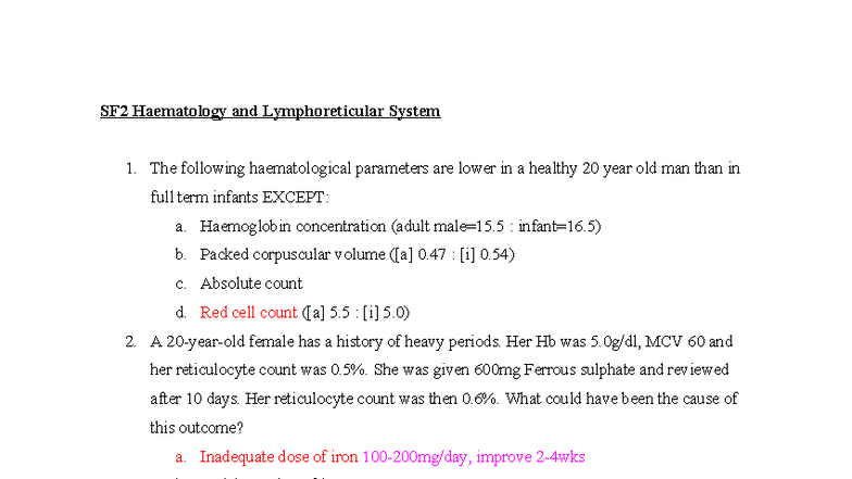 SF2 Haematology & Lymphoreticular System: Past Exam Questions - Studocu