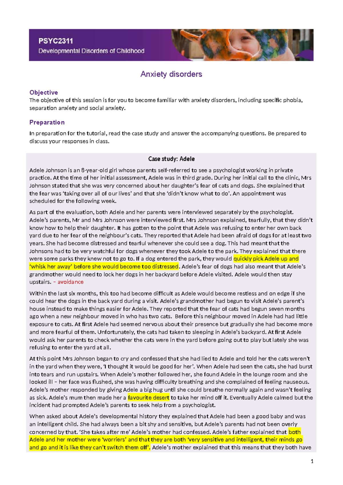 PSYC2311 Anxiety Disorders - Tutorial Worksheet on Specific Phobias ...
