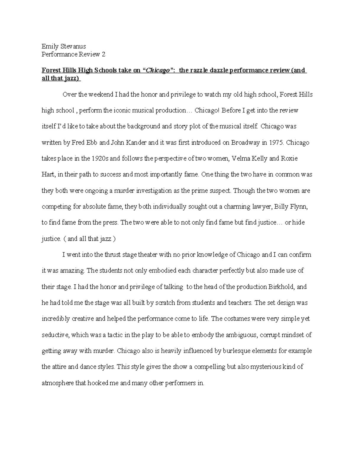 Performance Review #2: Chicago at Forest Hills High School - Studocu