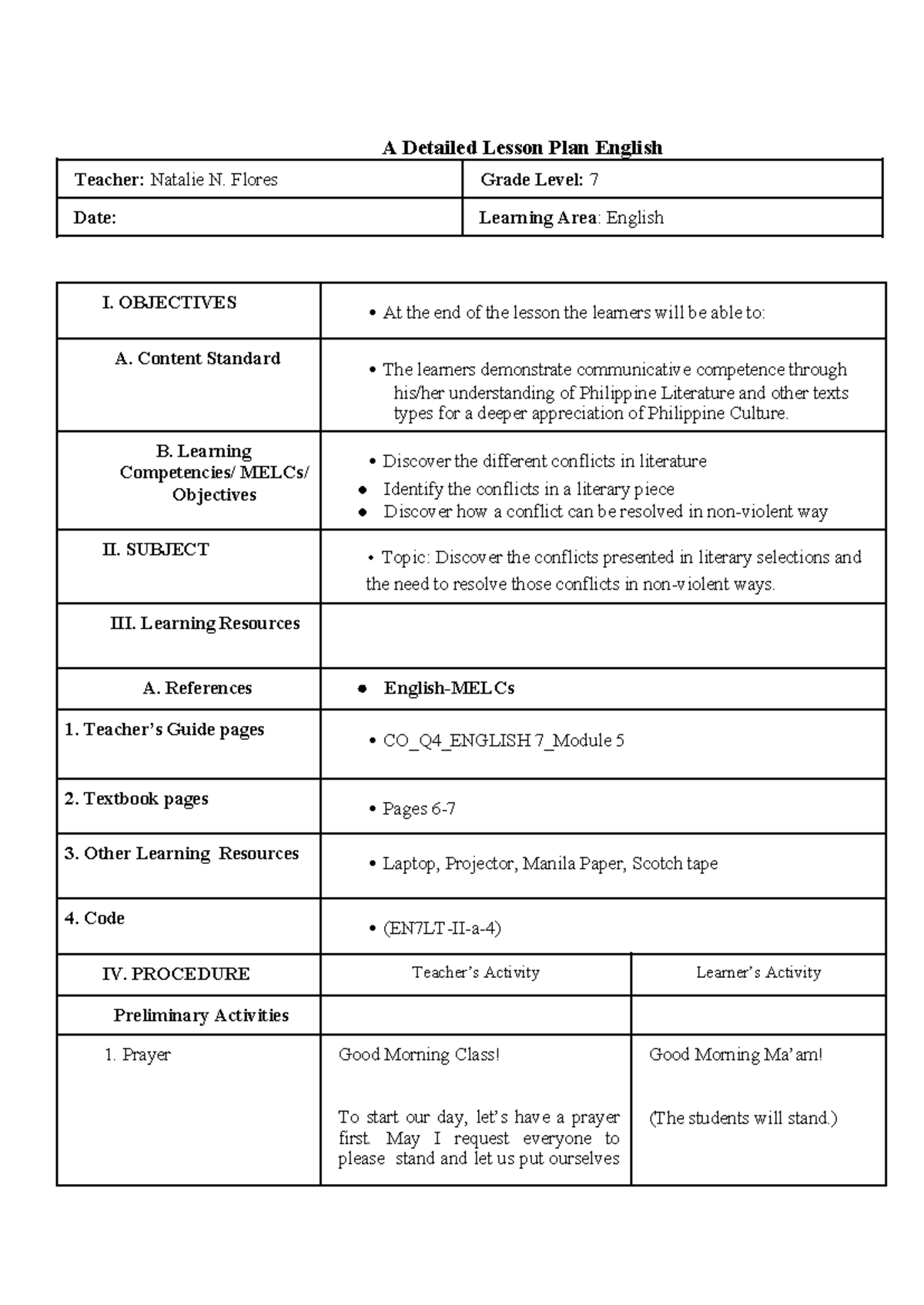 DLP-JHS-1: Understanding Literary Conflicts in Grade 7 English Lesson ...