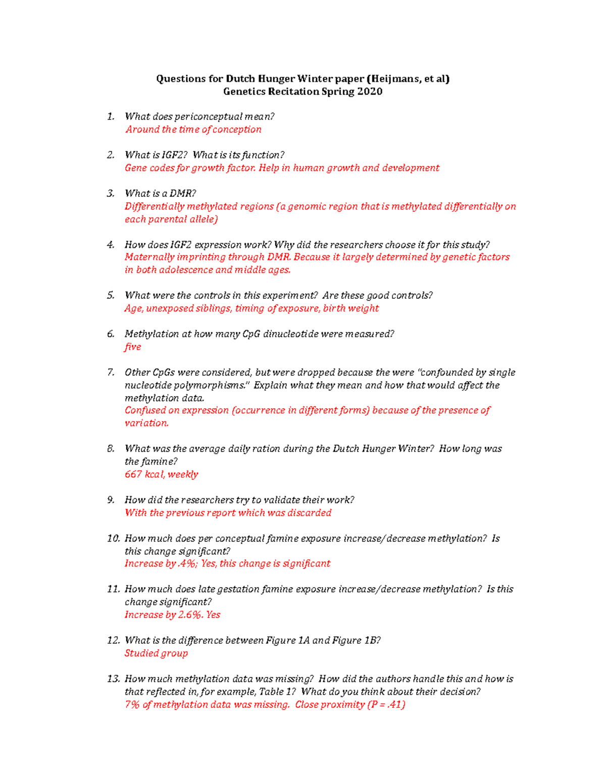 Dutch Hunger Winter Paper Questions for Genetics Recitation S20 - Studocu