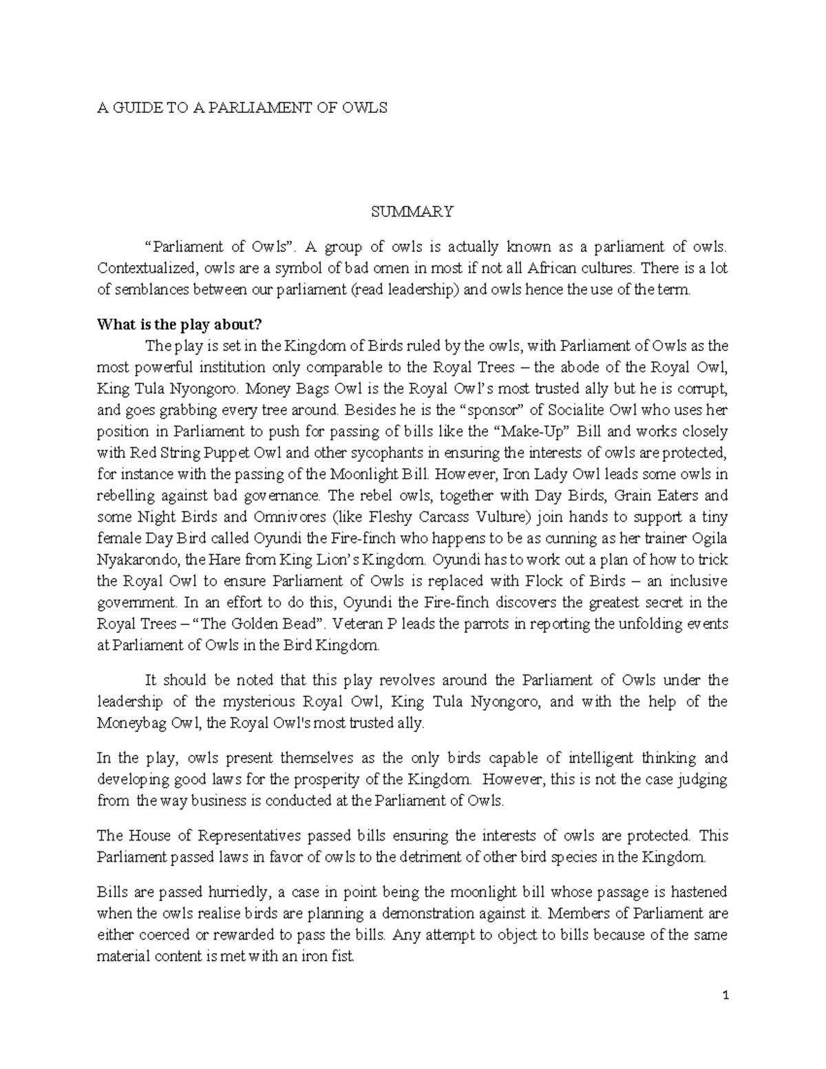 A Guide to the Political Satire: Parliament of Owls (ENG 101) - Studocu