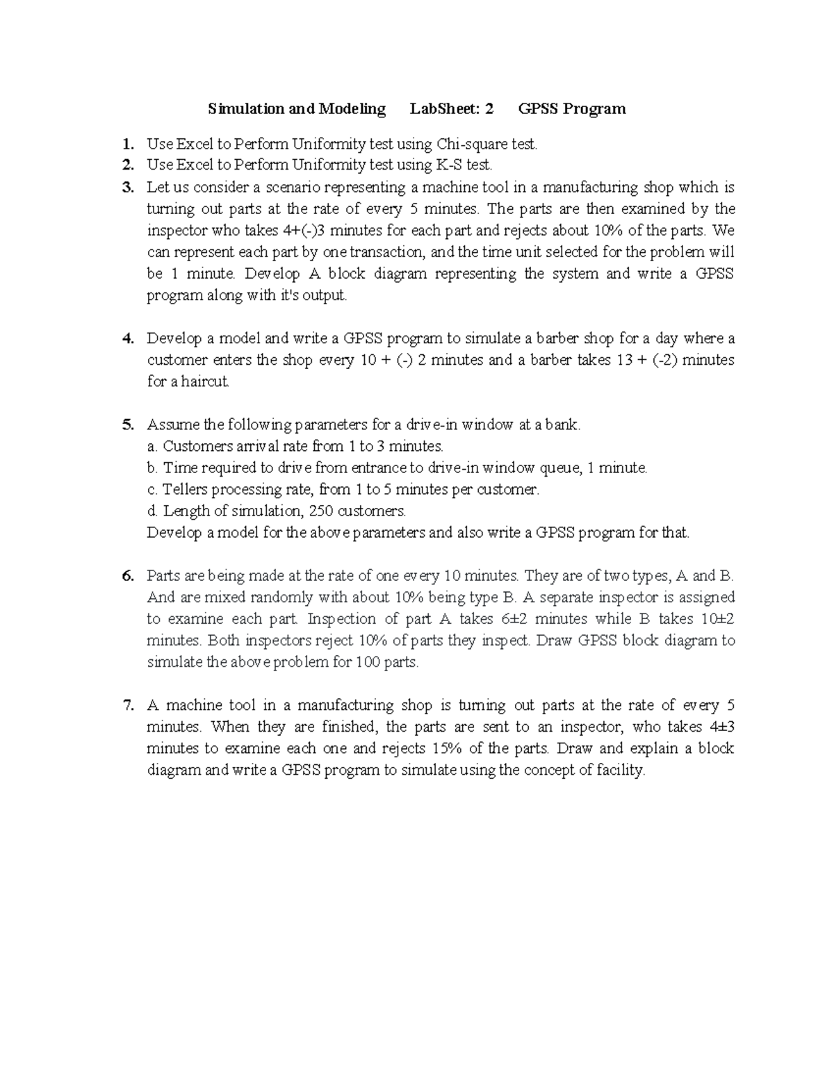 GPSS Lab Sheet 2 - asdfgh - Simulation and Modeling LabSheet: 2 GPSS Program Use Excel to ...