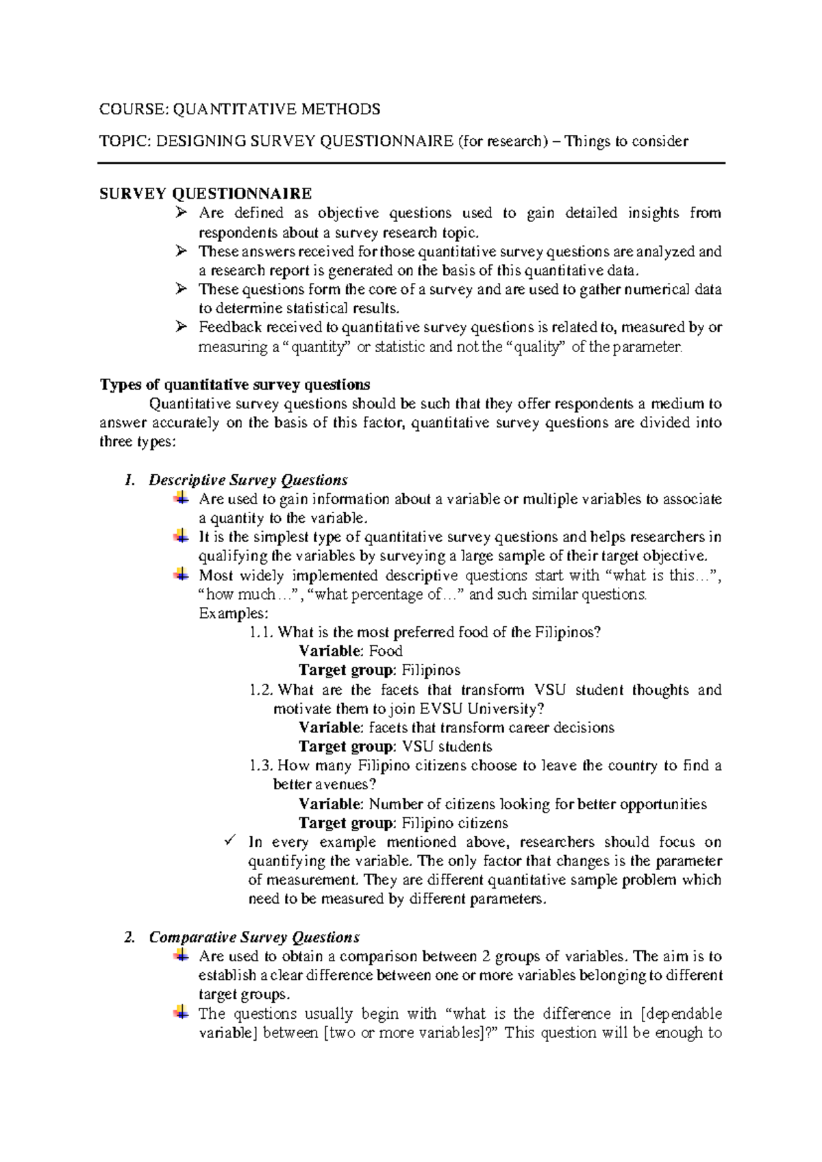 COURSE: QUANTITATIVE METHODS - DESIGNING EFFECTIVE SURVEY ...