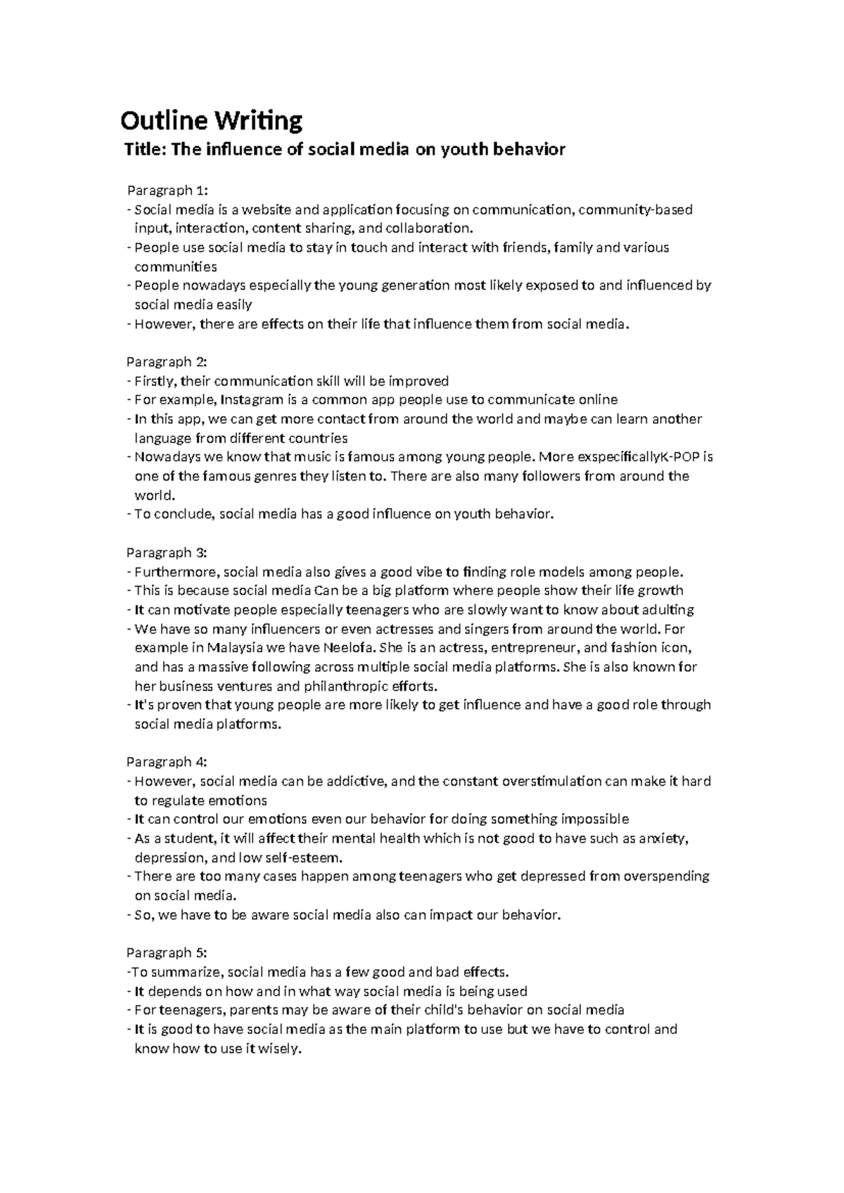 Outline Writing: The Impact of Social Media on Youth Behavior - Studocu
