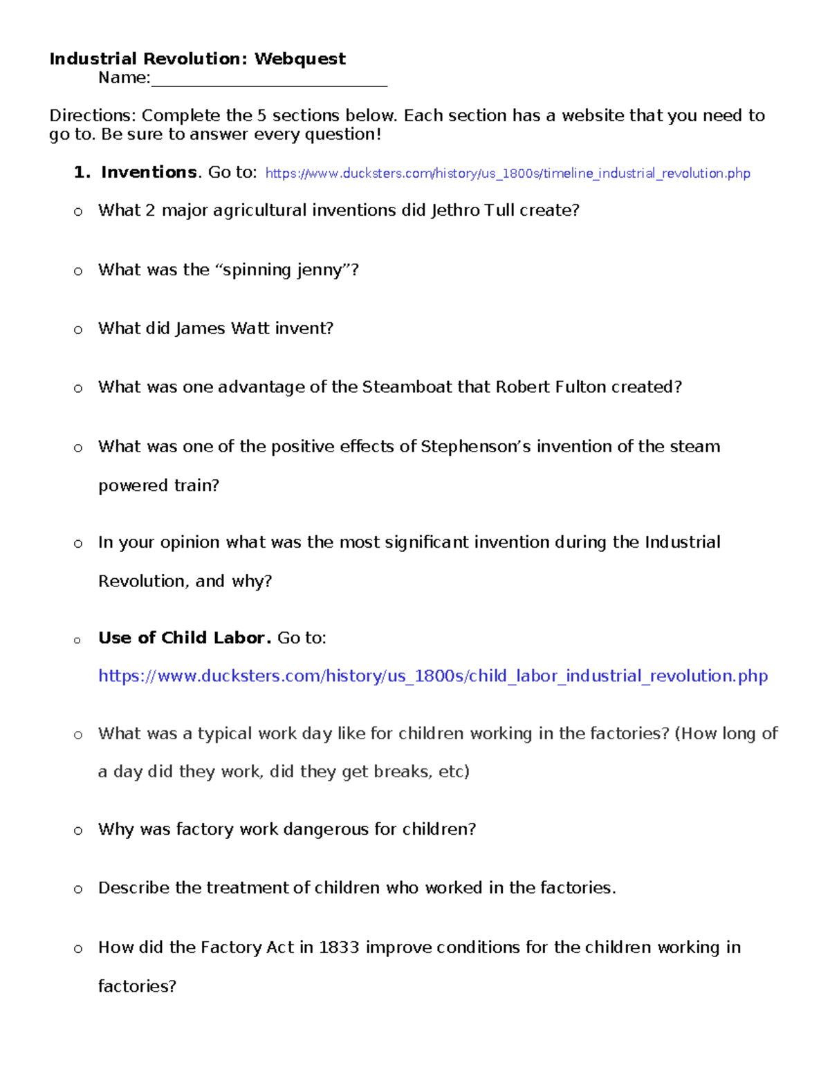 Industrial Revolution Webquest - Quiz (INDR 101) - Studocu