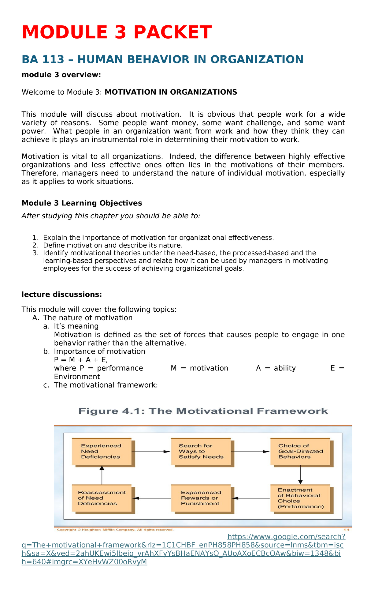 Module 3 Packet HBO - MODULE 3 PACKET BA 113 – HUMAN BEHAVIOR IN ...