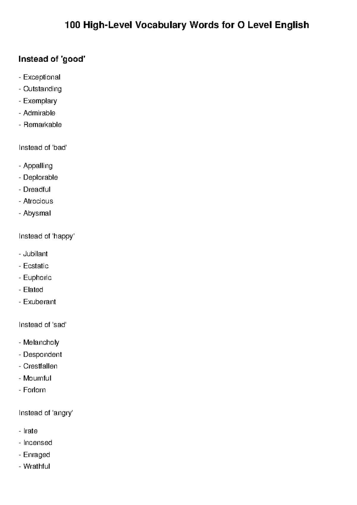 O Level English: 100 High-Level Vocabulary Words List - Studocu
