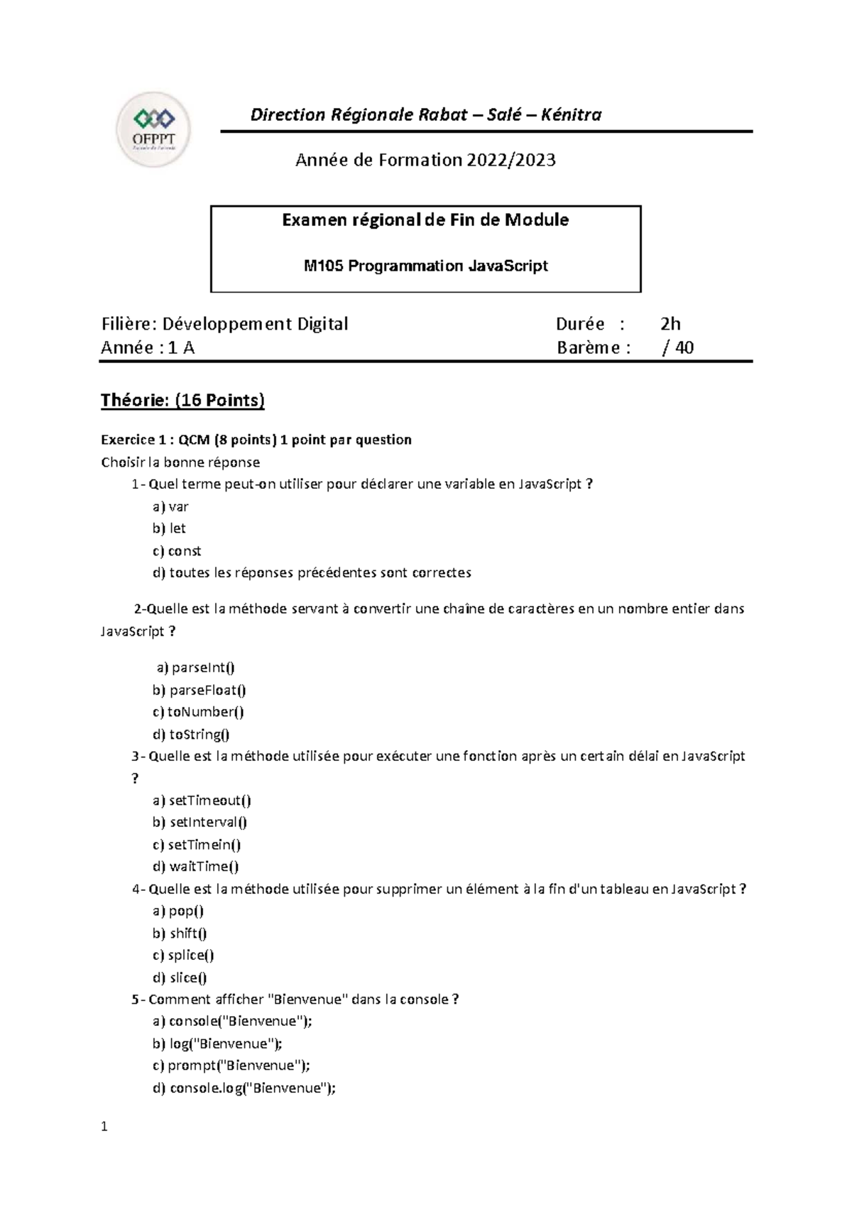 Examen Régional de Fin de Module M105 - Programmation JavaScript - Studocu