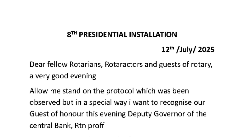 8TH PRESIDENTIAL INSTALLATION GUIDE - ROTARY CLUB OF MUTUNDWE - Studocu