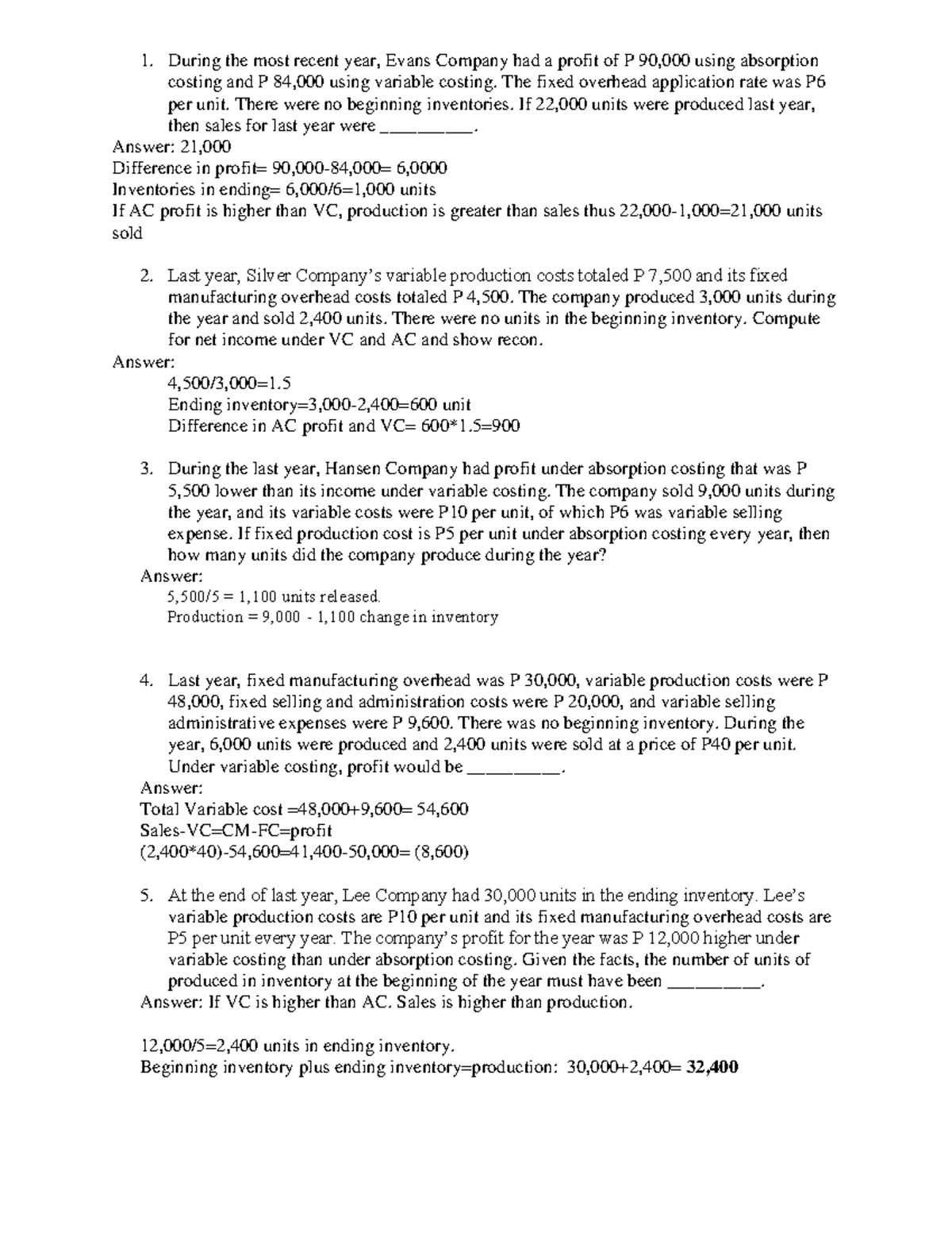 Absorption vs Variable Costing: Problem Sets & Solutions (ACC101) - Studocu
