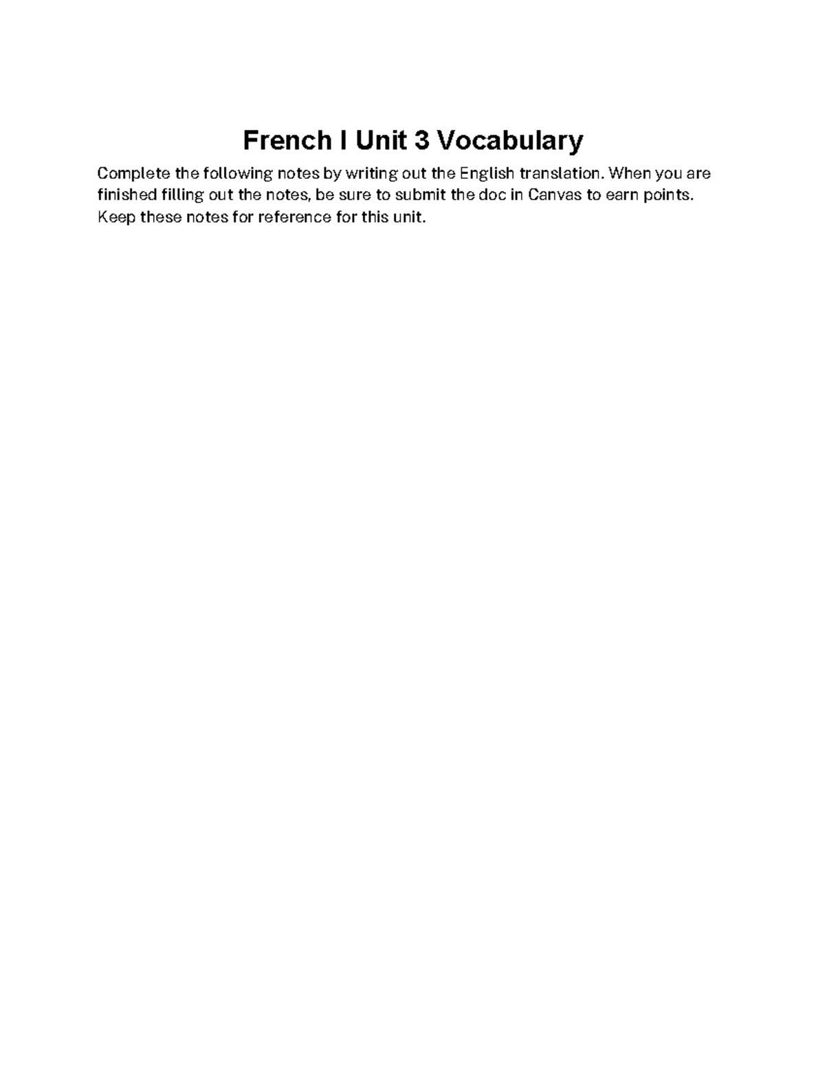 Copy of French I Unit 3 Vocabulary - French I Unit 3 Vocabulary ...