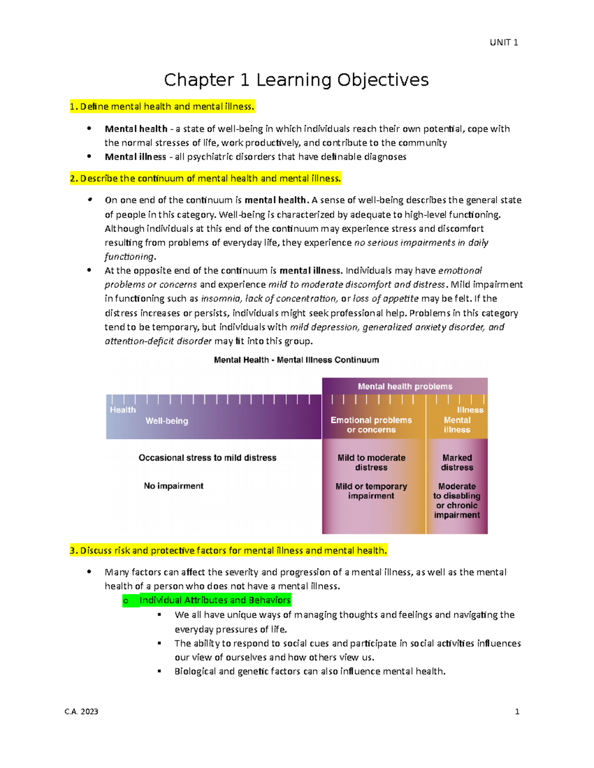 Foundations of PMH Nursing - UNIT 1 - Chapters 1-3 - Chapter 1 Learning Objectives Define mental ...