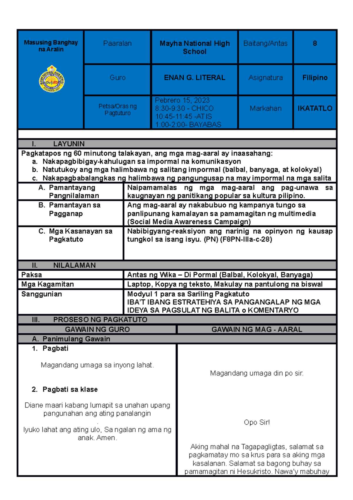DLP8 3 Di-Pormal na Wika: Aralin sa Salitang Impormal - Studocu