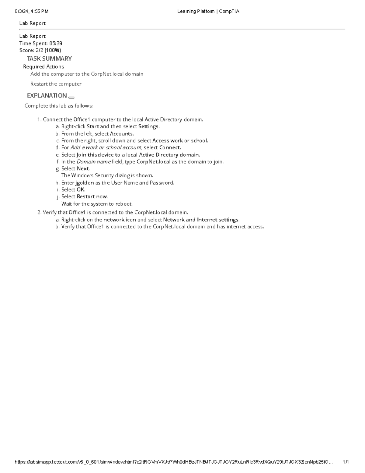 Lab Report: Joining Workstation to CorpNet Domain (Simulation) - Studocu
