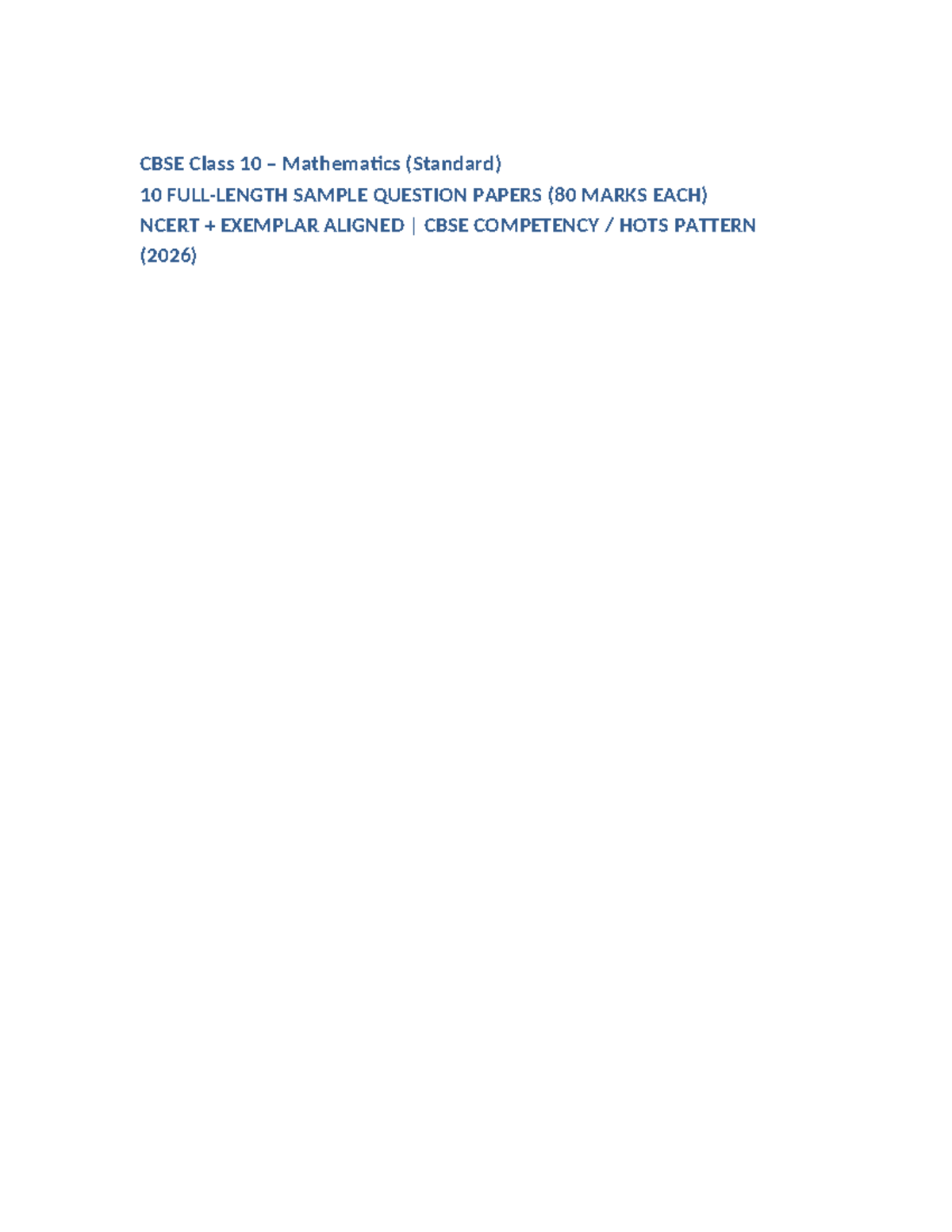 CBSE Class 10 Mathematics Full Length Sample Papers (2026) - Studocu