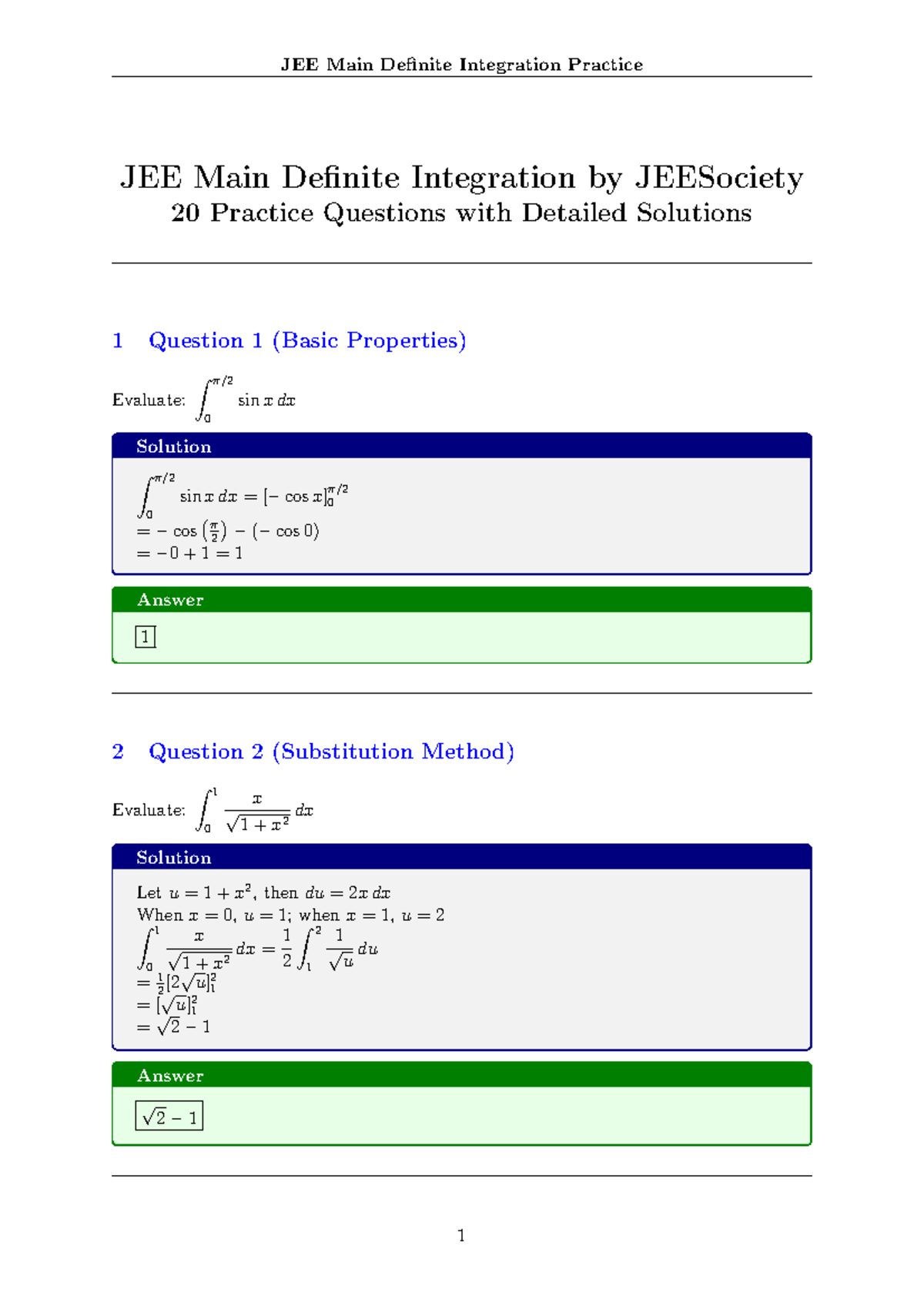 JEE Main Definite Integration Practice: 20 Questions with Solutions ...