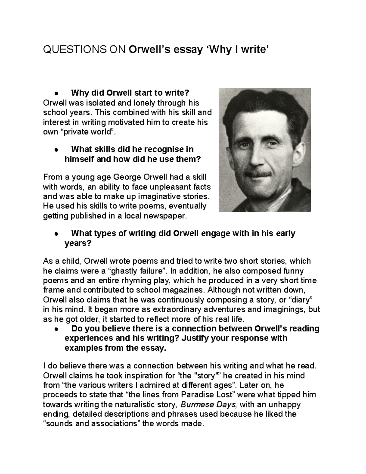 ENG 101: George Orwell - Analysis of "Why I Write" Essay - Studocu